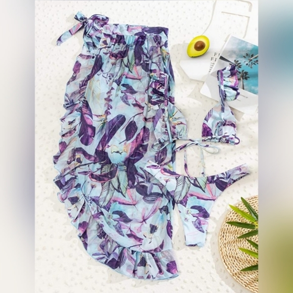 Swim | Bikini Bathing Suits W Mesh Beach Skirt 3 Piece | Poshmark